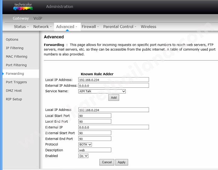 Forward Port Modem Technicolor – KARE Thailand
